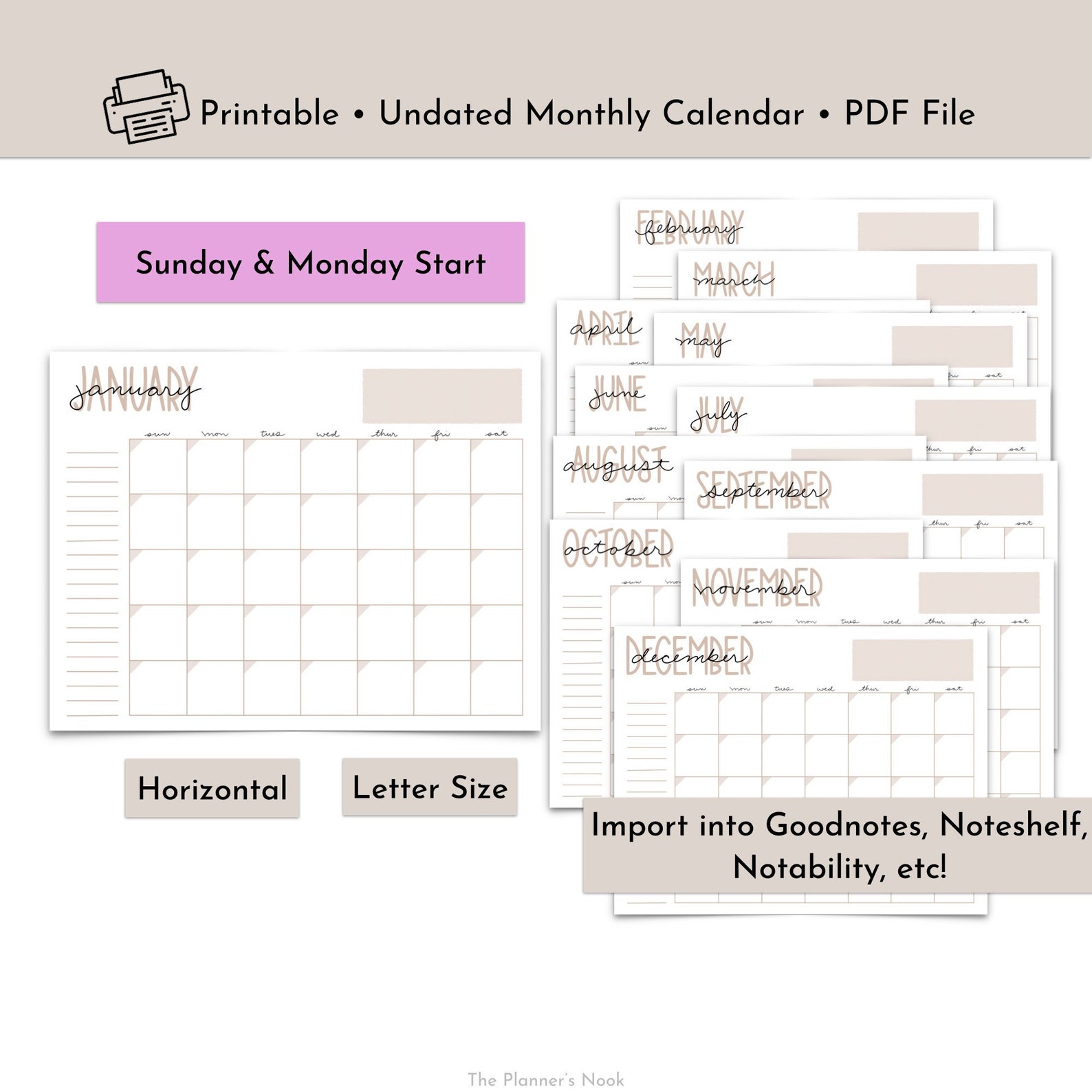Minimalist Neutral Horizontal Undated Monthly Calendar, Printable Blank ...