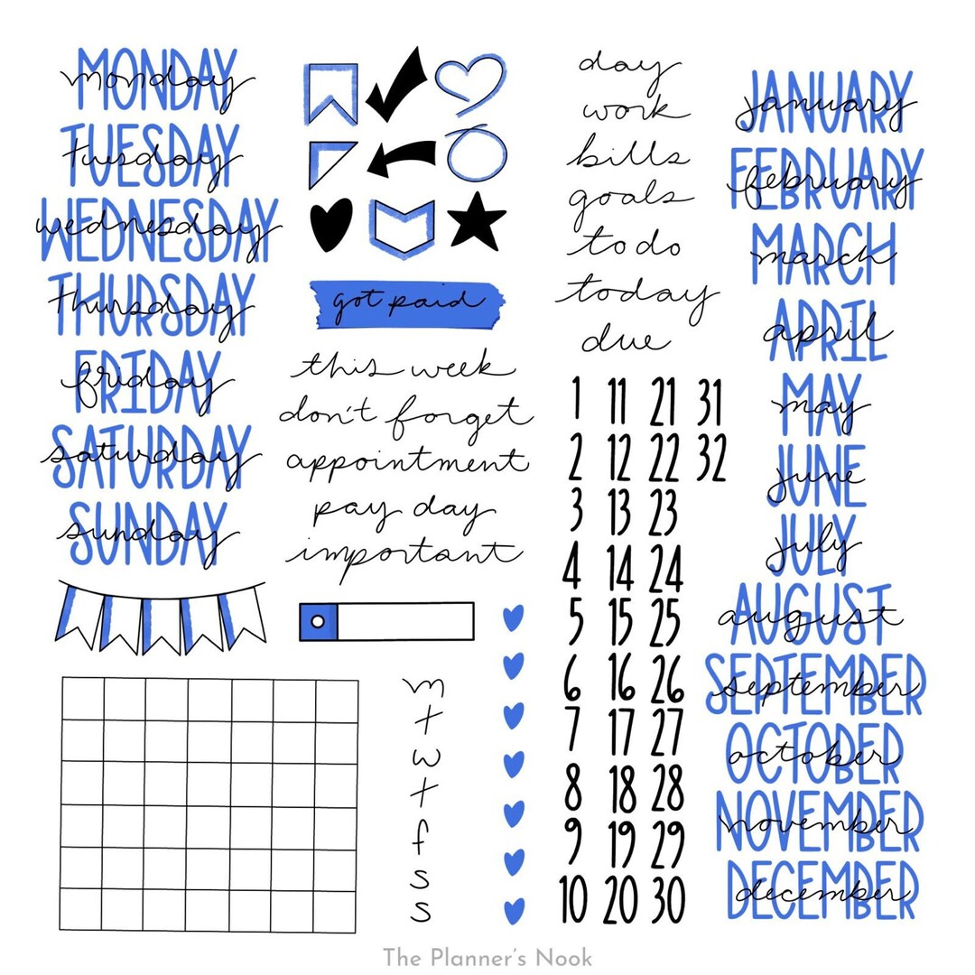 Minimalist Blue Calendar Digital Stickers for Goodnotes Planner Month ...