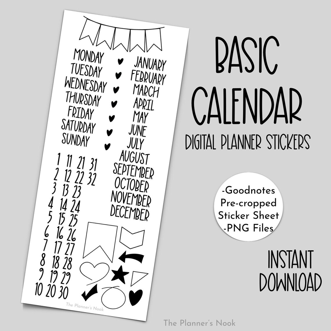 Basic Calendar Digital Stickers for Goodnotes Planner Month - Etsy