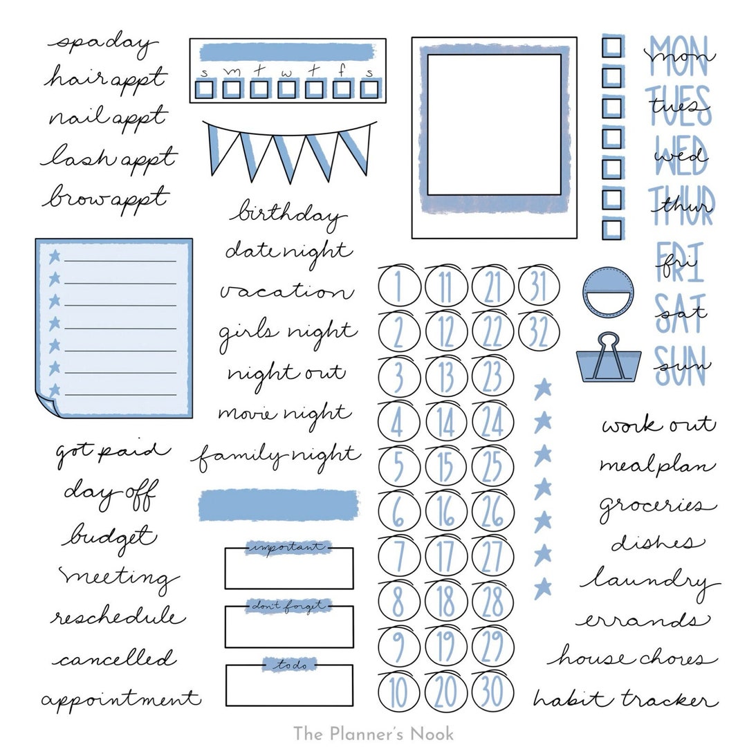 Minimalist Light Blue Daily Life Digital Stickers for Goodnotes Planner ...