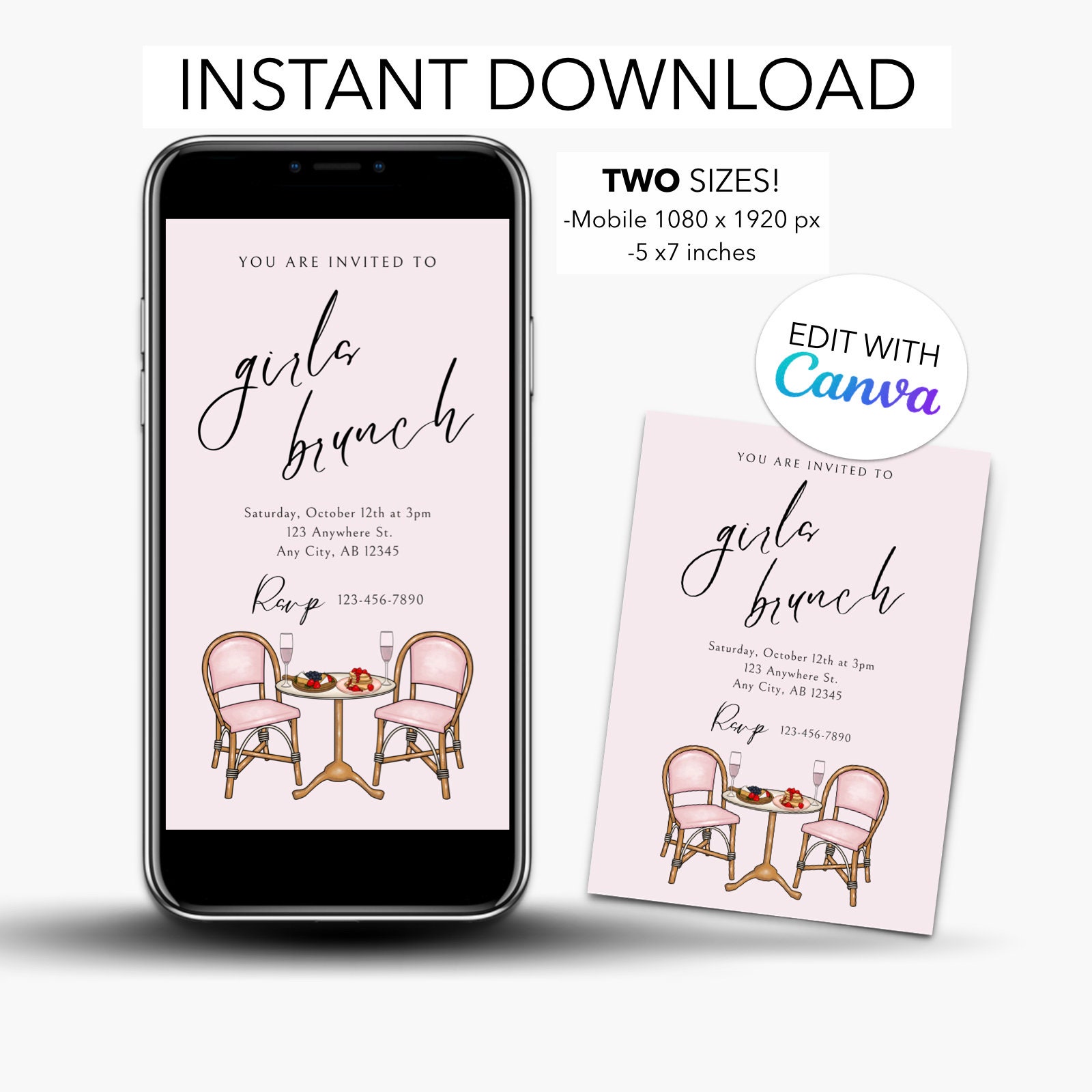 Girls Brunch Editable Invitation, Girls Brunch Mobile Invitation, Girls ...