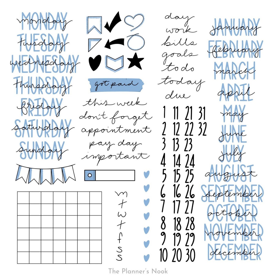 Minimalist Light Blue Calendar Digital Stickers for Goodnotes Planner ...