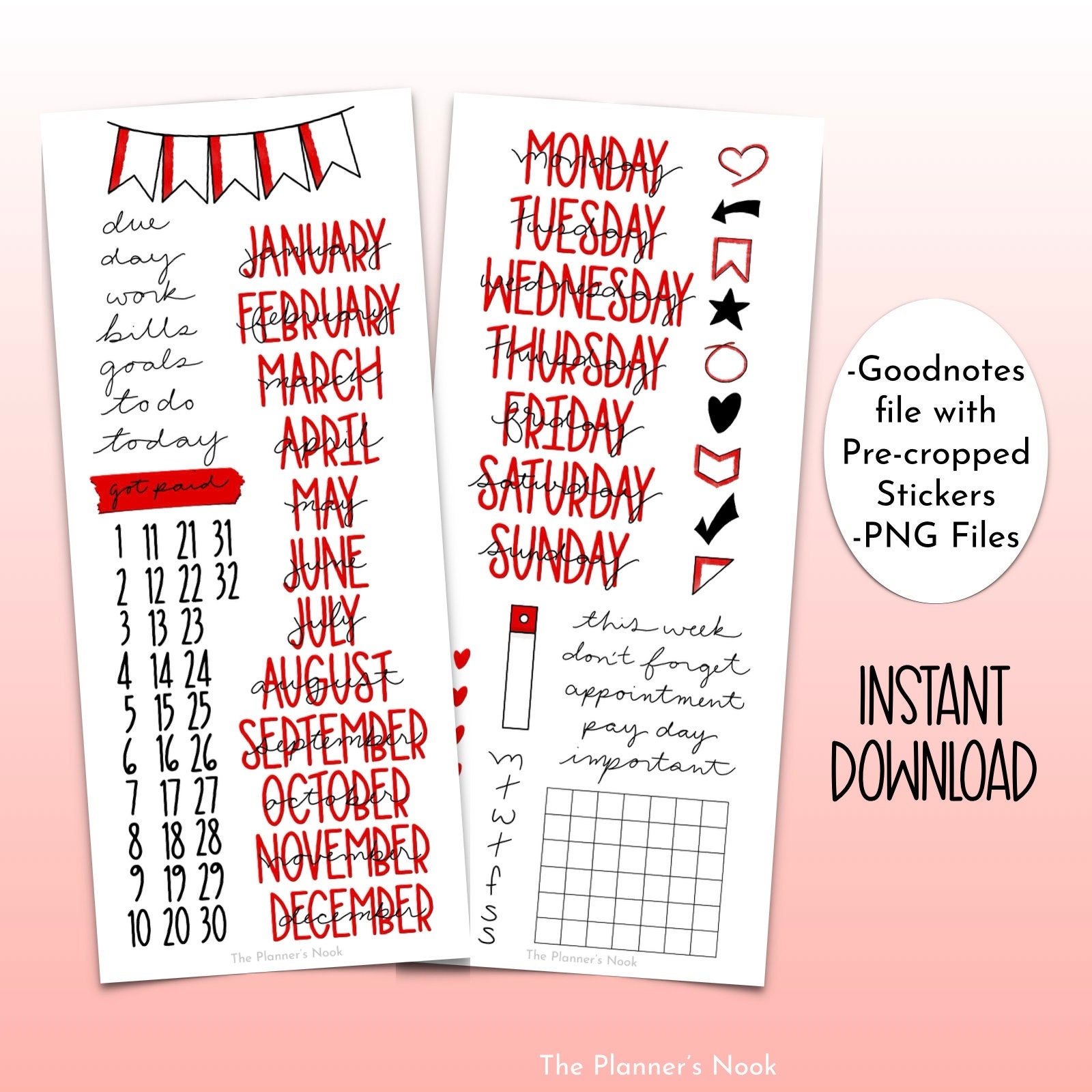 Minimalist Red Calendar Digital Stickers Planner Months Weeks Days ...