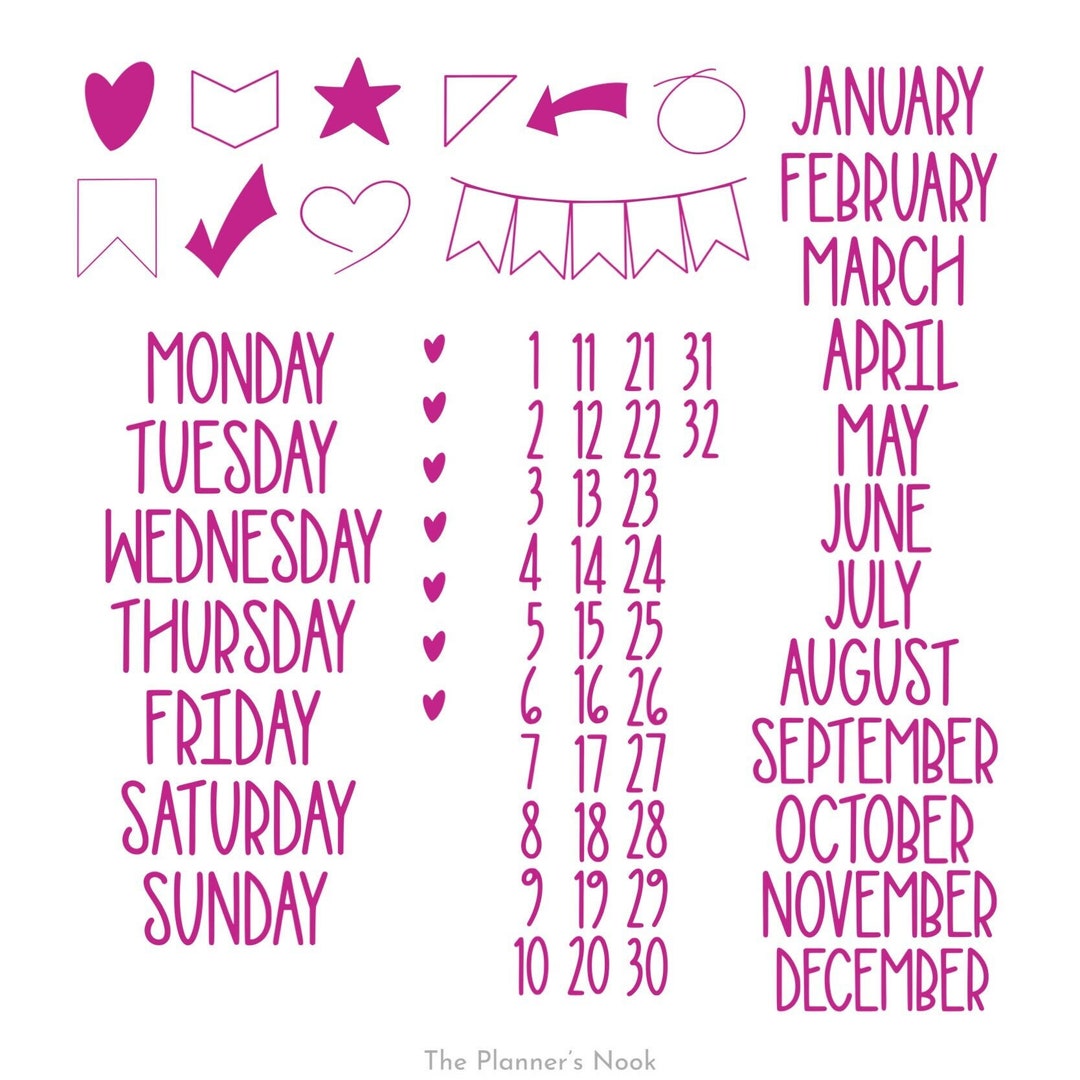 Hot Pink Basic Calendar Digital Stickers, Month, Weeks, Dates ...