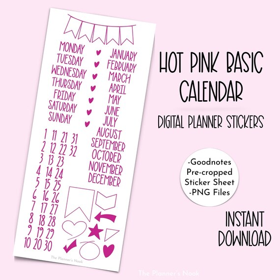 Hot Pink Basic Calendar Digital Stickers Month Weeks Dates - Etsy