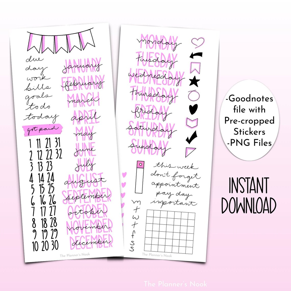 Minimalist Pink Calendar Digital Stickers for Goodnotes Planner Month ...