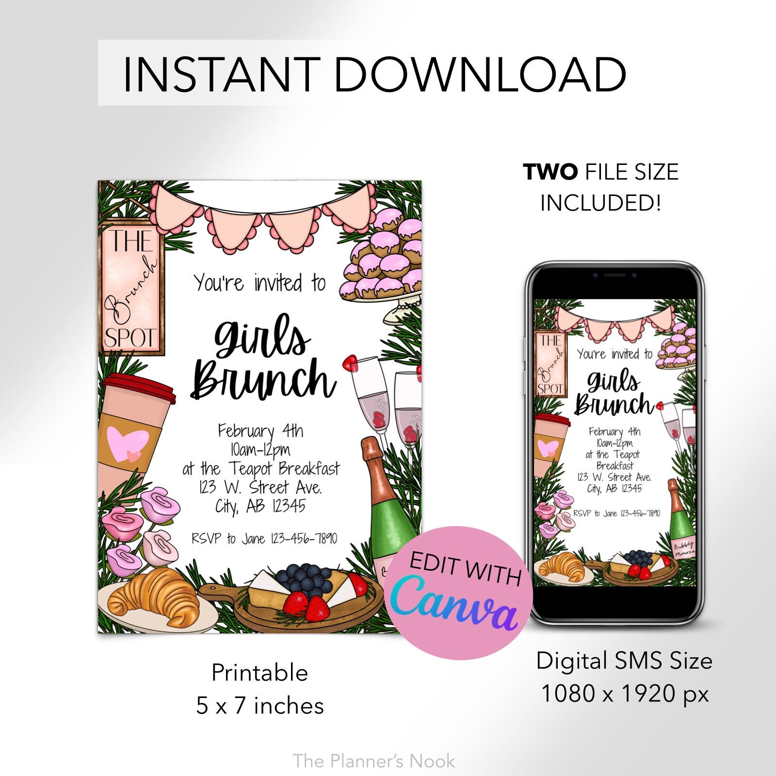 Girls Brunch Invitation, Editable Template (mobile & Printable) - Etsy