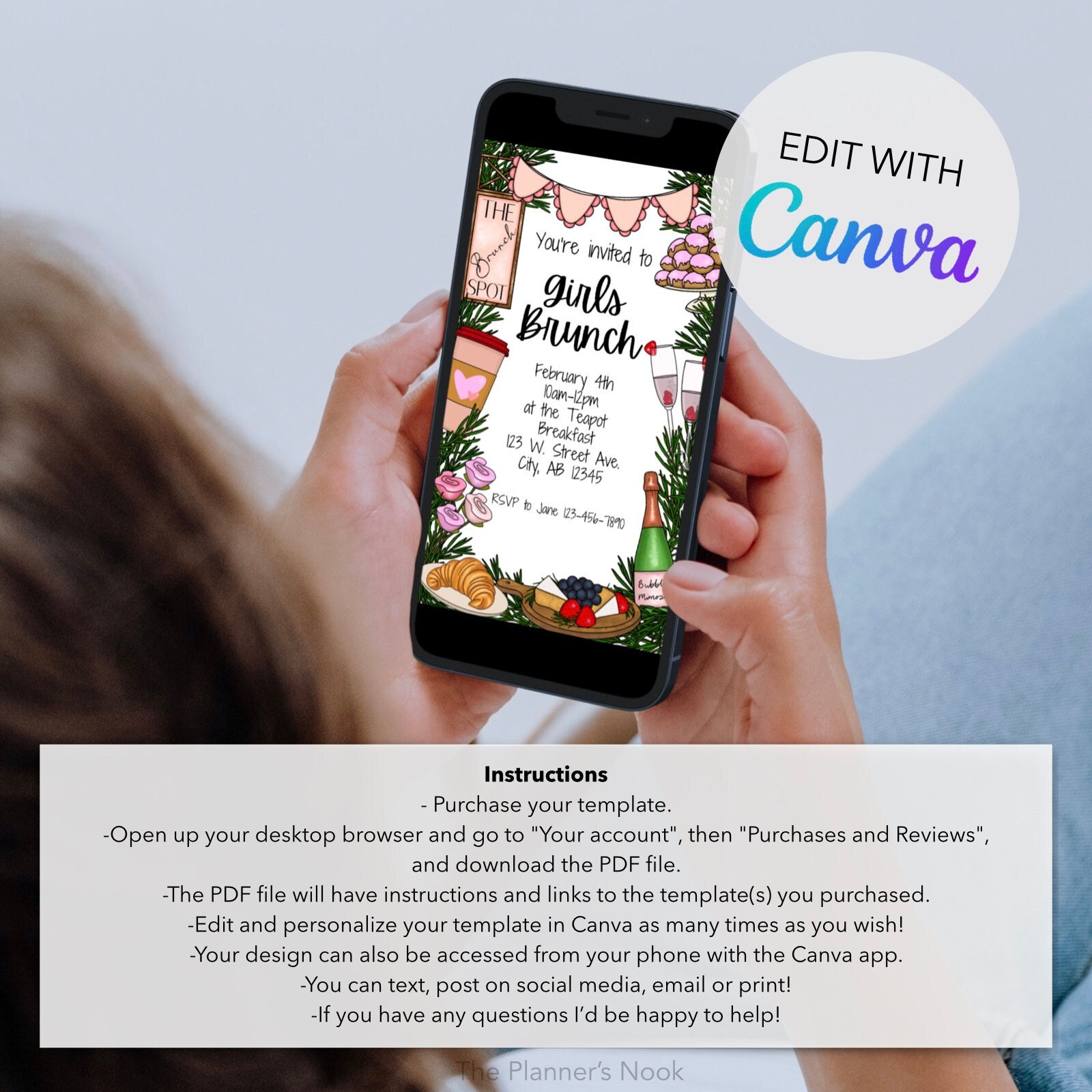 Girls Brunch Invitation, Editable Template (mobile & Printable) - Etsy