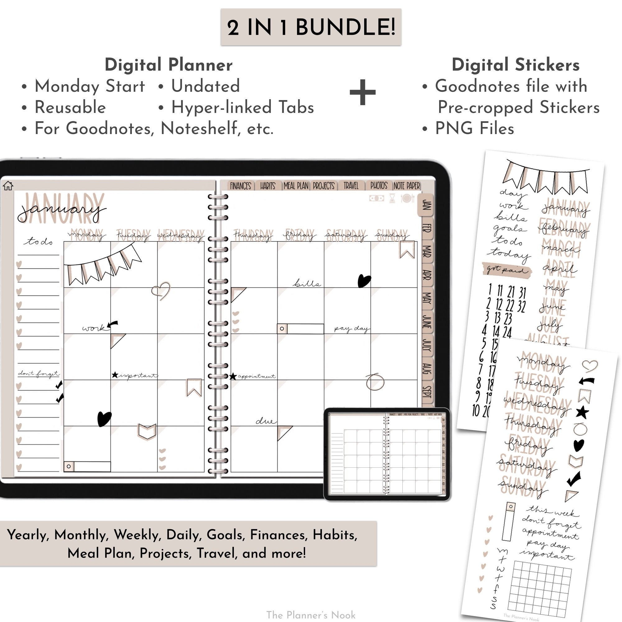 Minimalist Neutral Digital Planner & Calendar Stickers for Goodnotes ...