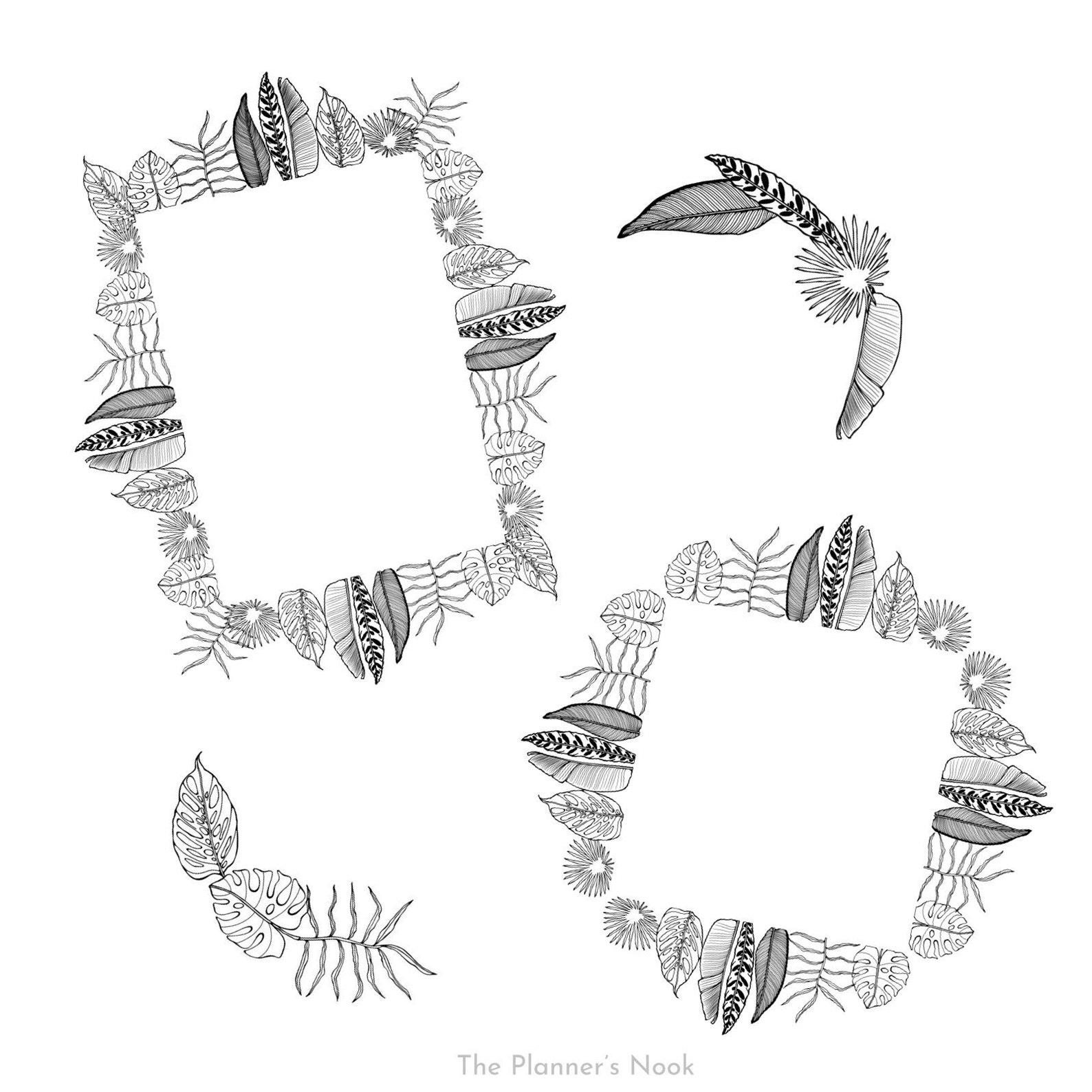 Leaf Clipart, Hand Drawn Line Art, Tropical Leaf Art, Bouquet Border ...