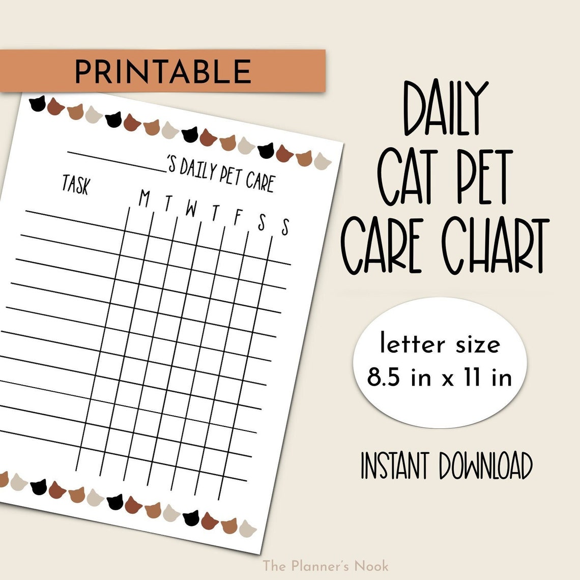Printable Daily Cat Pet Care Chart, Weekly Cat Care Schedule, Cat Tasks ...
