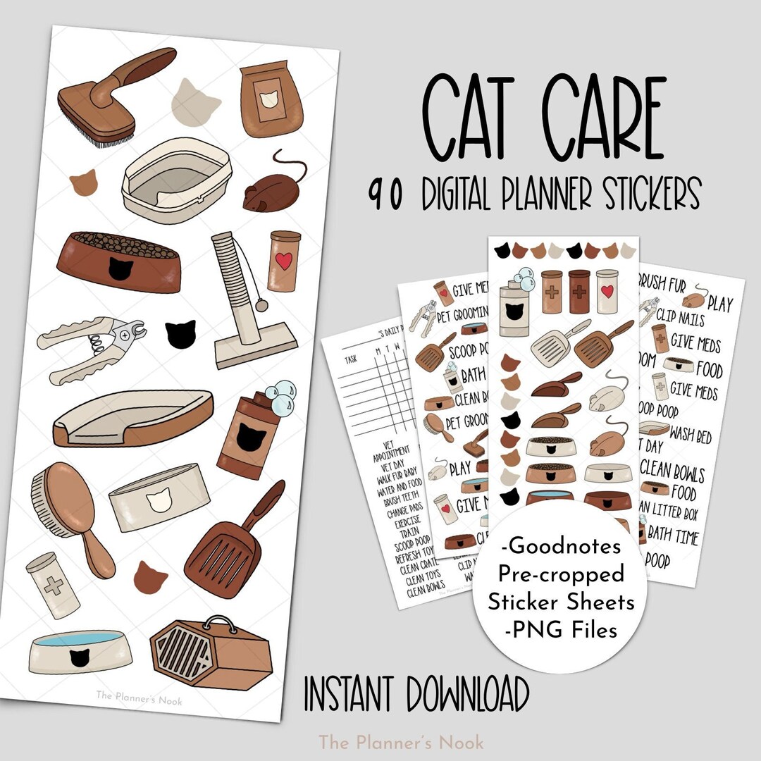 Cat Care Digital Planner Stickers, Cat Care Goodnotes Stickers, Cat ...