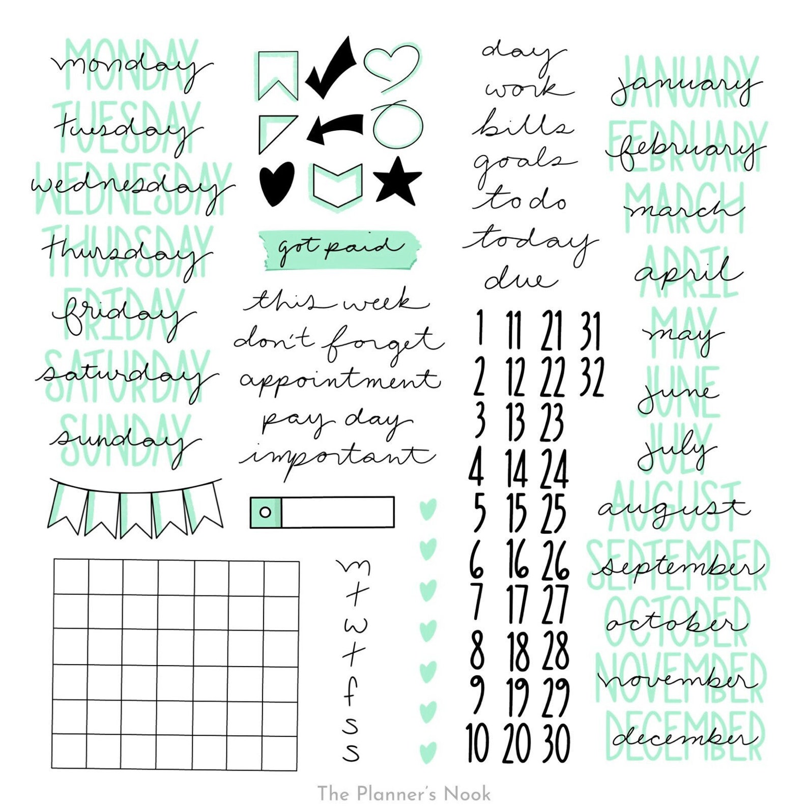 Minimalist Mint Green Calendar Digital Stickers for Goodnotes Planner ...