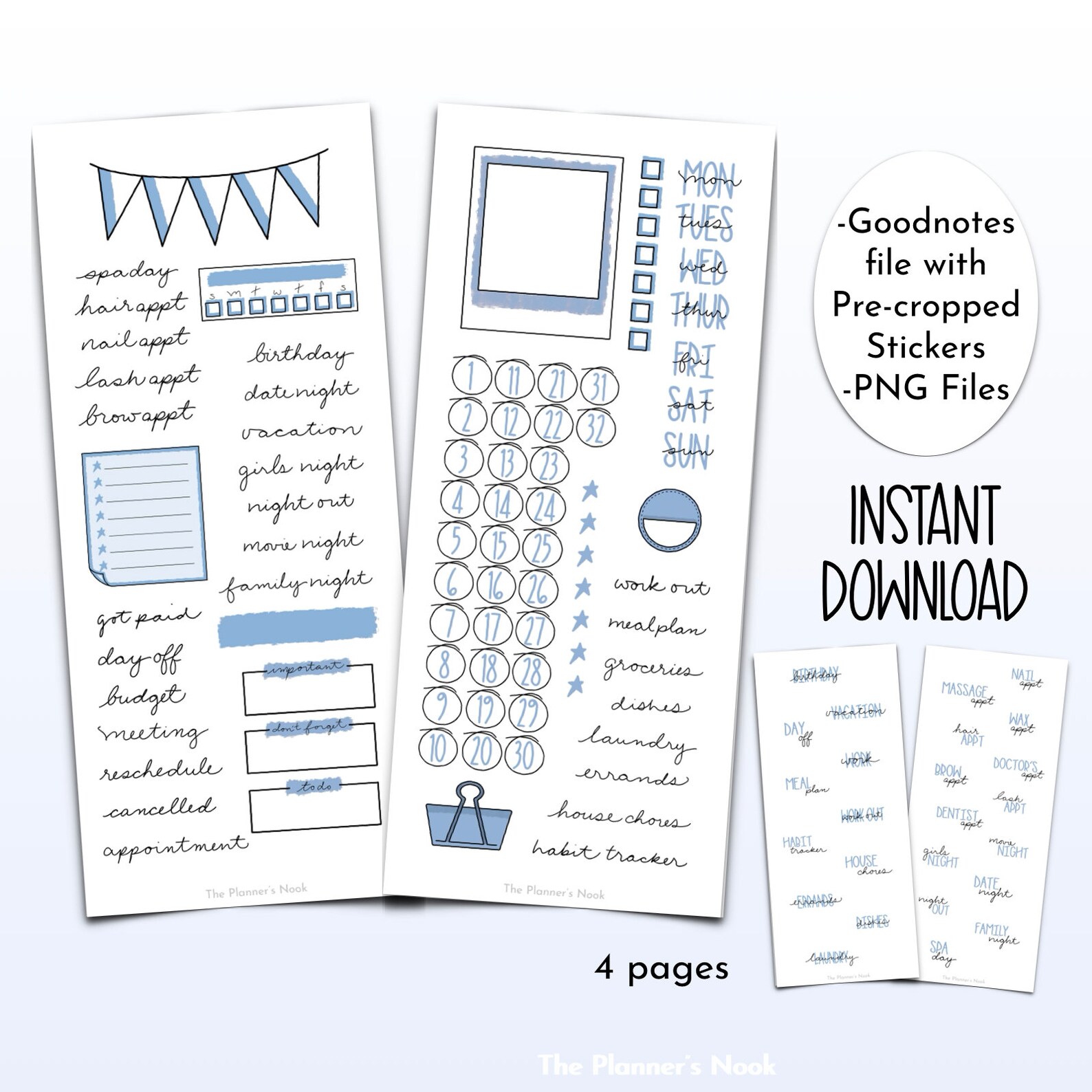 Minimalist Light Blue Daily Life Digital Stickers for Goodnotes Planner ...