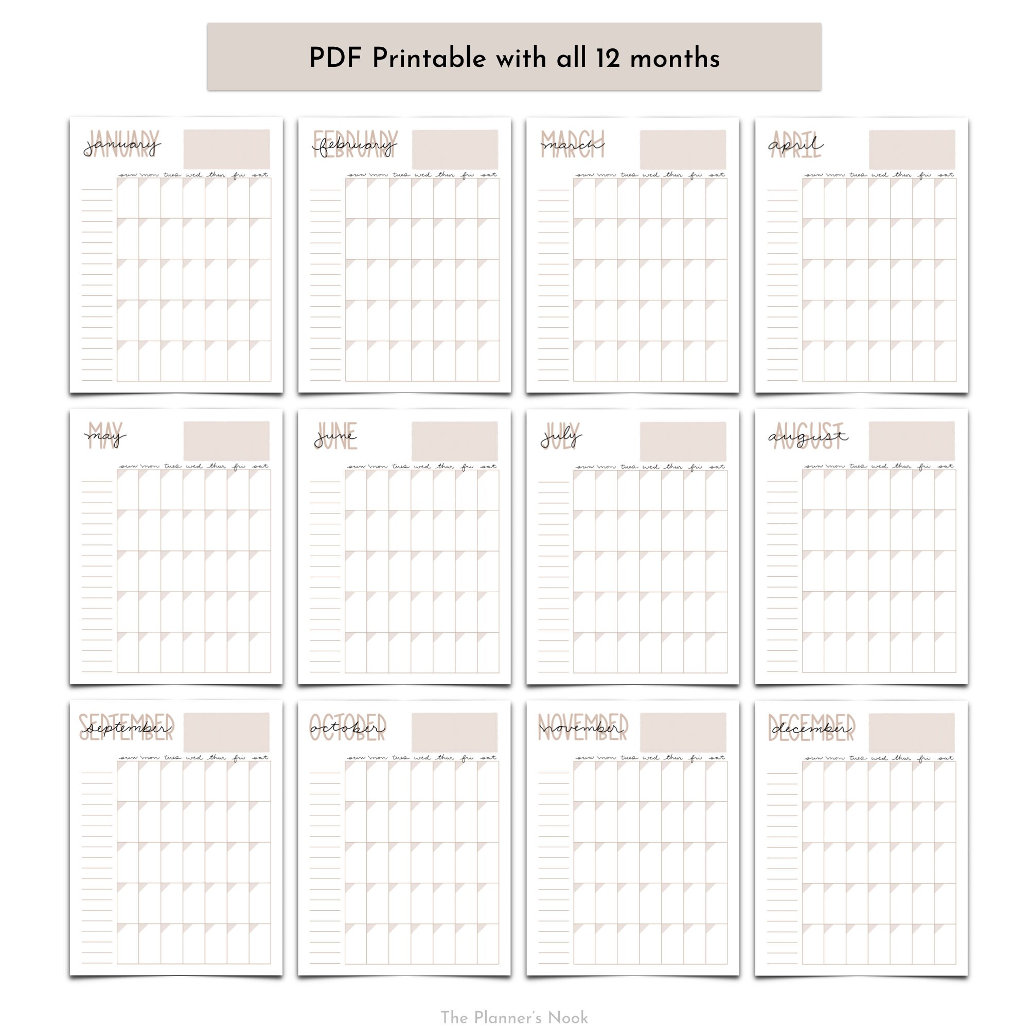 Minimalist Neutral Vertical Undated Monthly Calendar, Printable Blank ...