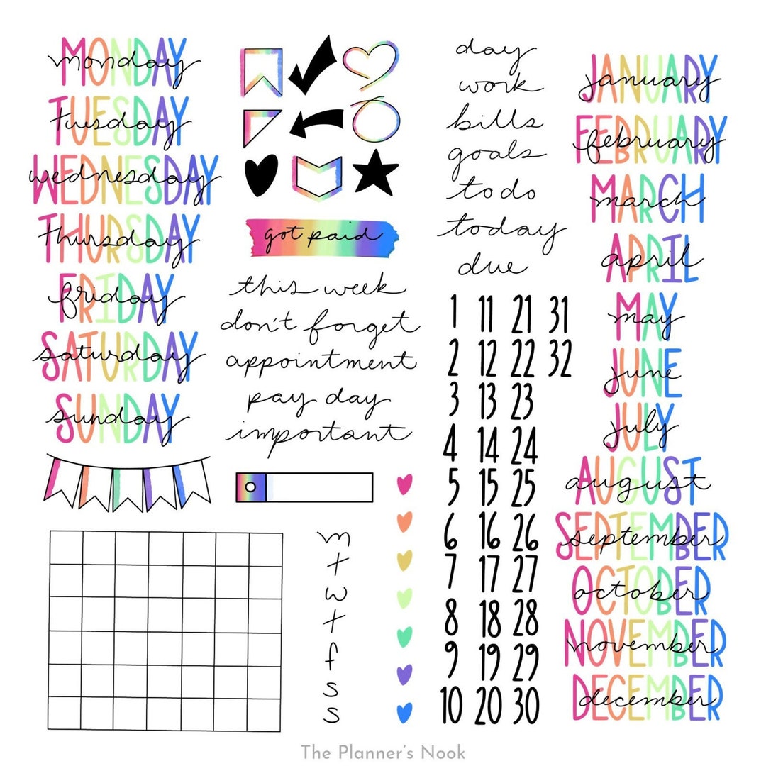 Minimalist Neon Rainbow Calendar Digital Stickers for Goodnotes Planner ...