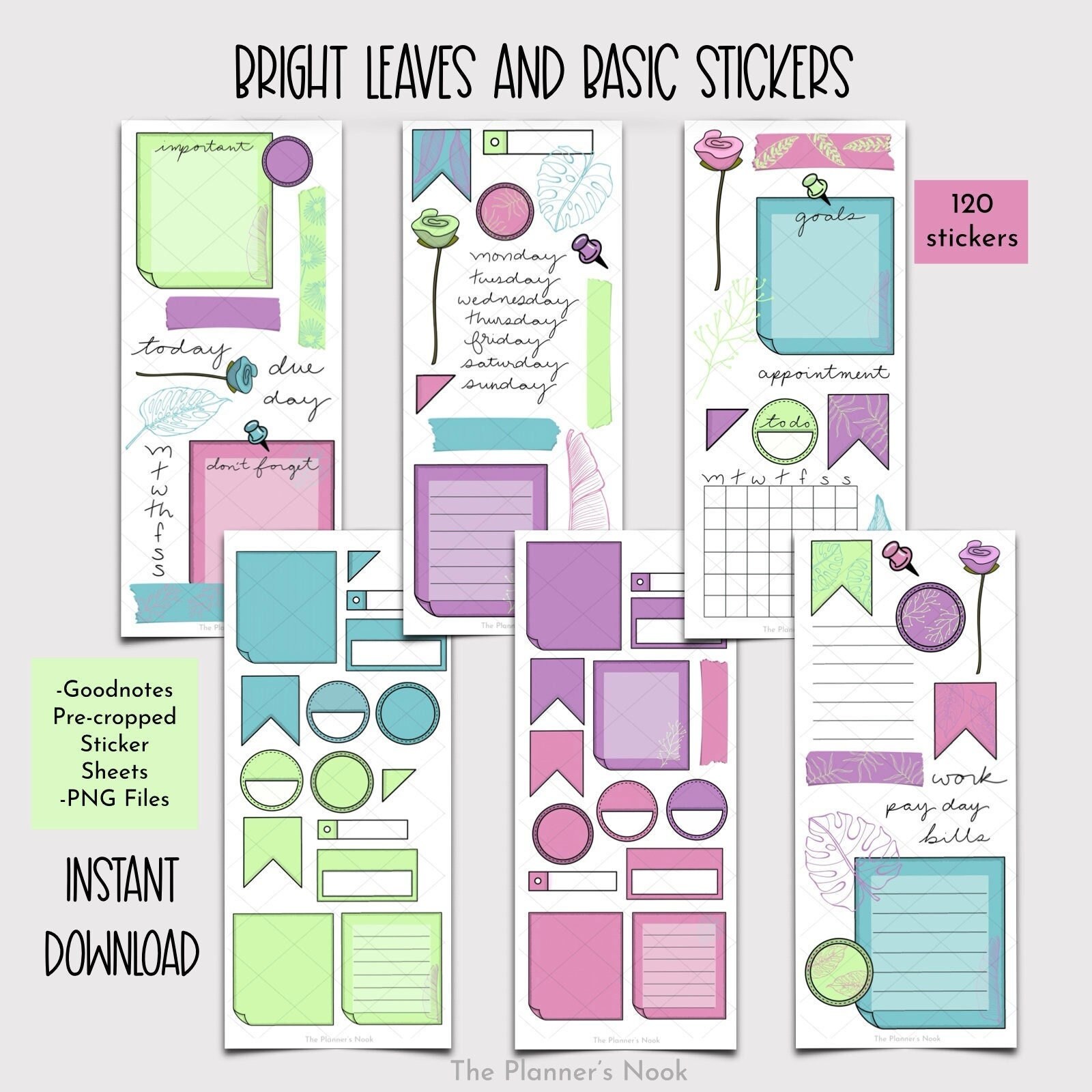 Pink Blue Green & Lilac Digital Planner Stickers Goodnotes File Days of ...
