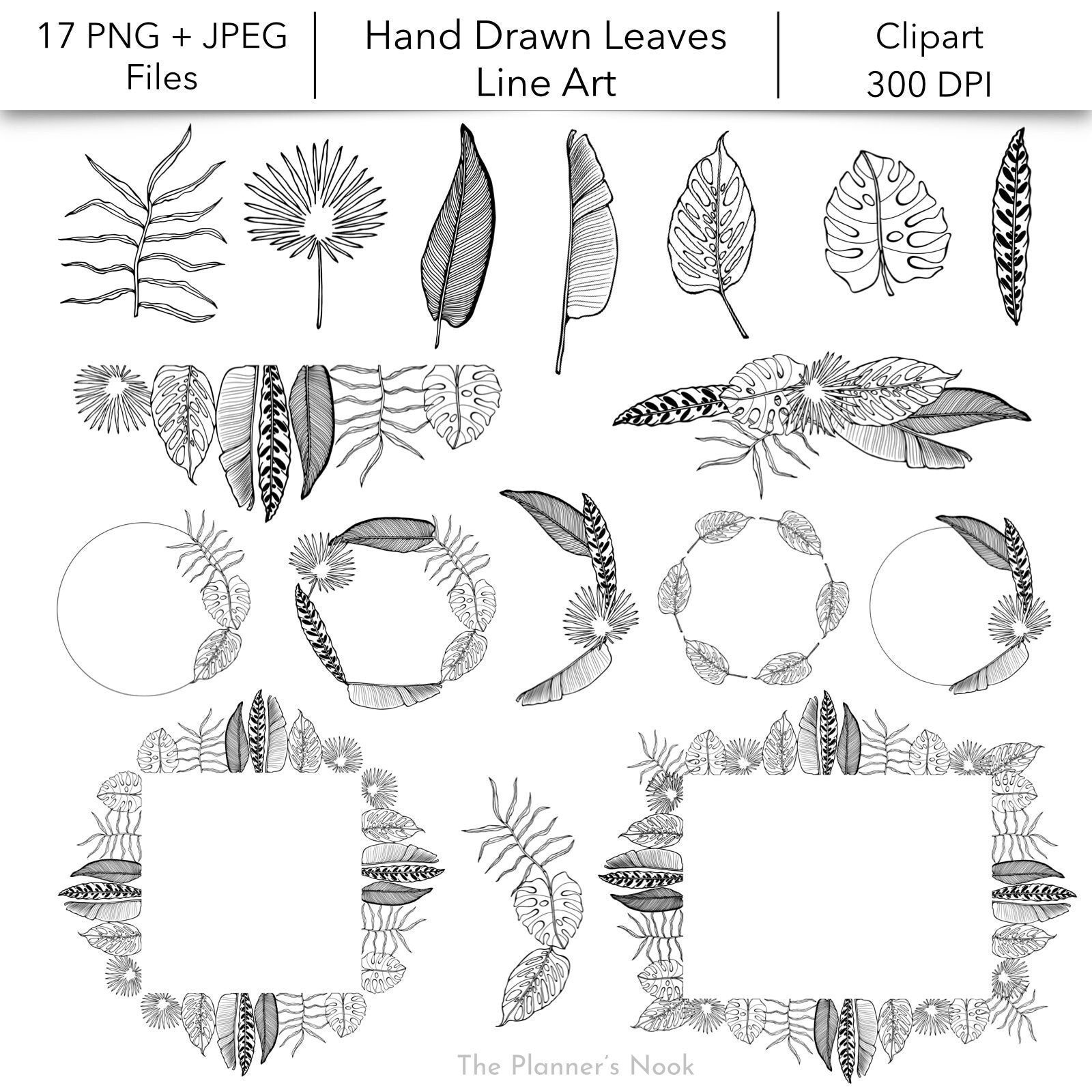 Leaf Clipart, Hand Drawn Line Art, Tropical Leaf Art, Bouquet Border ...