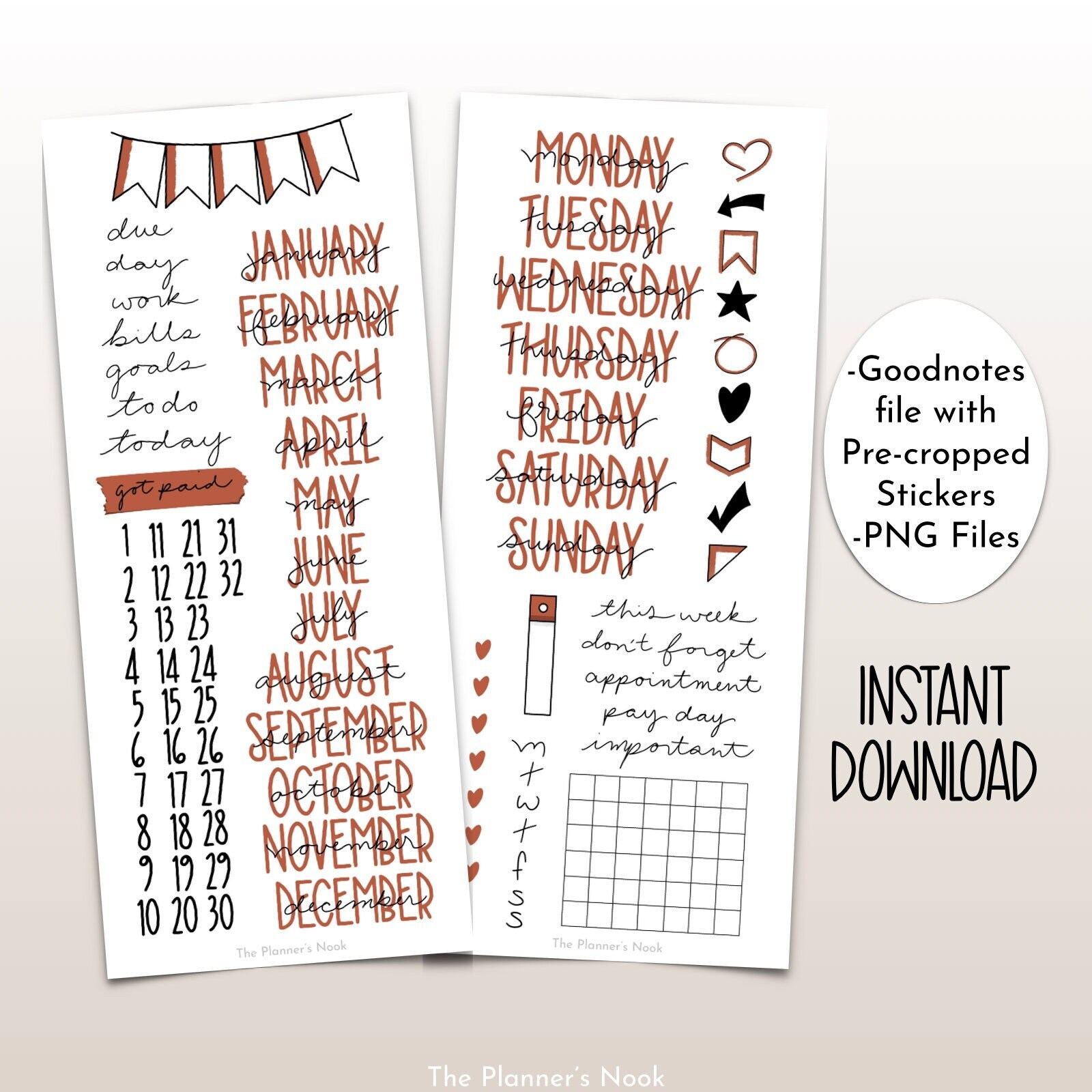 Minimalist Boho Terracotta Calendar Digital Stickers for Goodnotes ...