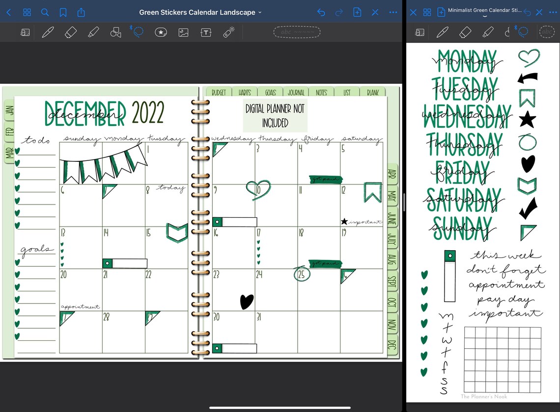 Minimalist Emerald Green Calendar Digital Stickers Planner Months Weeks ...