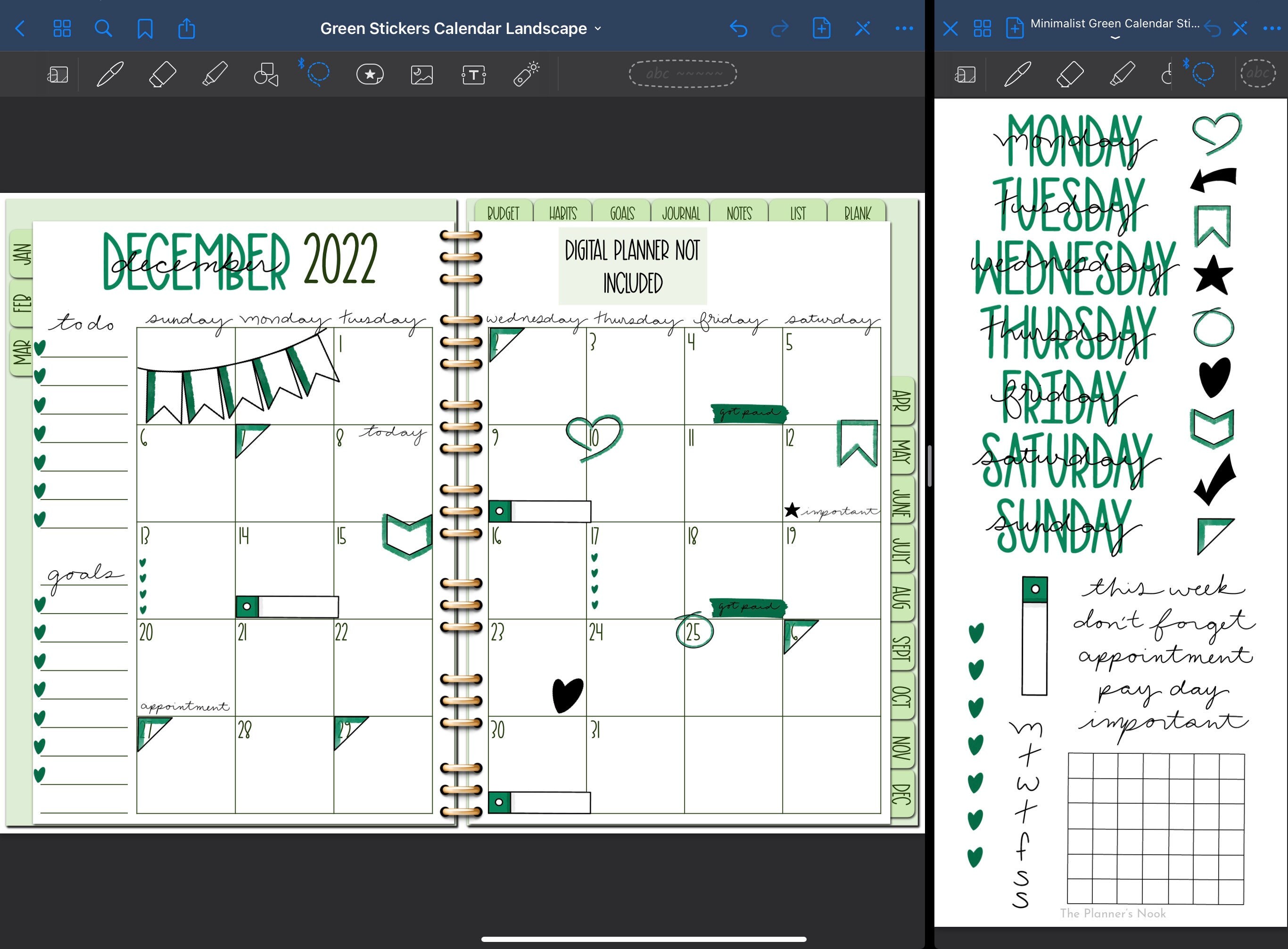Minimalist Emerald Green Calendar Digital Stickers Planner Months Weeks ...