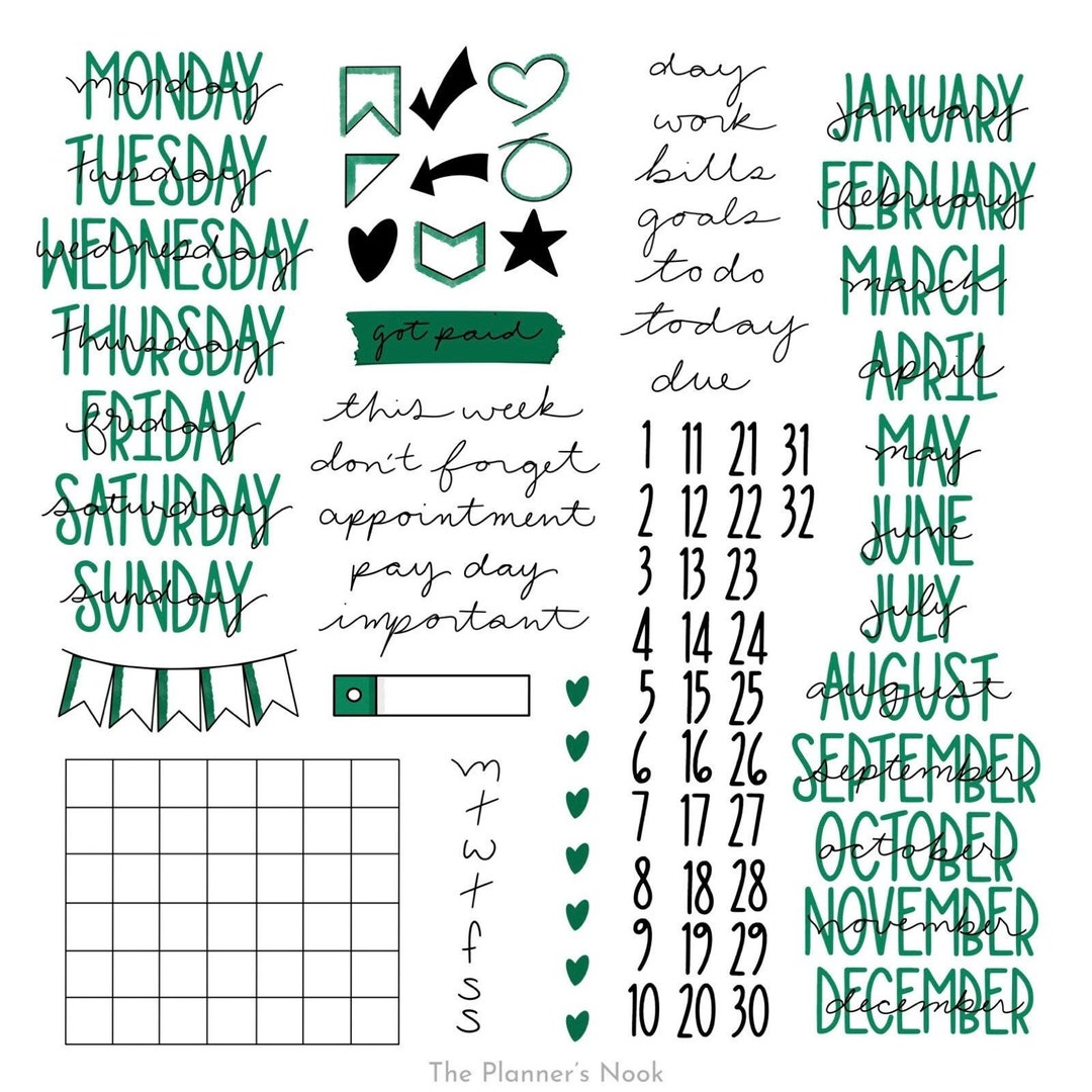 Minimalist Emerald Green Calendar Digital Stickers Planner Months Weeks ...