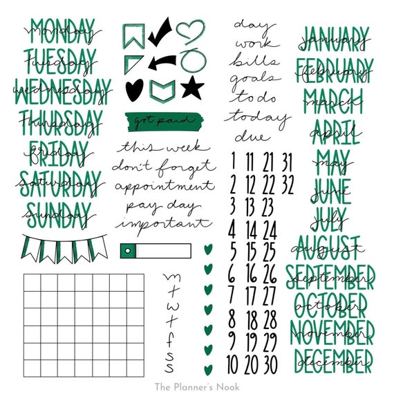 Minimalist Emerald Green Calendar Digital Stickers Planner - Etsy