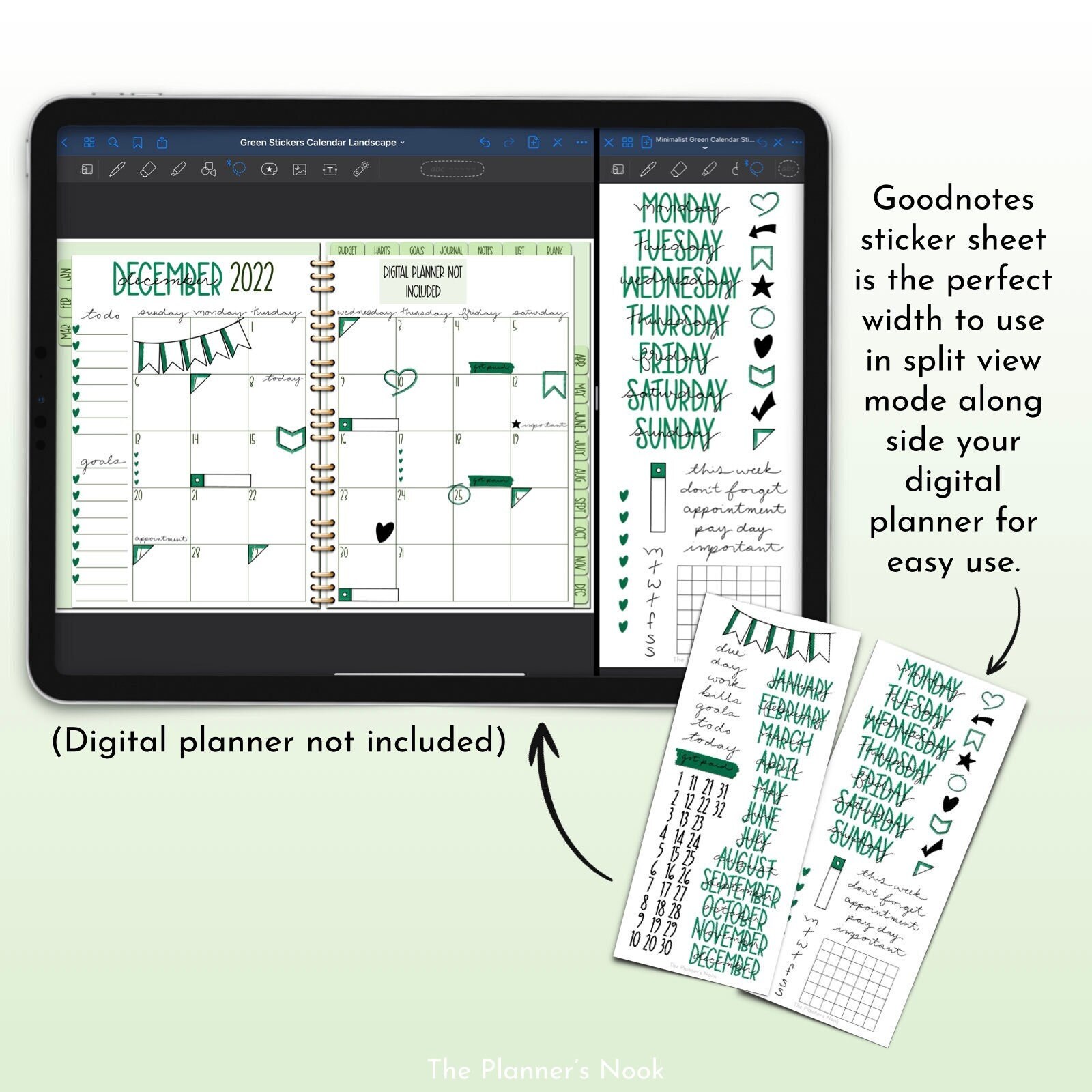 Minimalist Emerald Green Calendar Digital Stickers Planner Months Weeks ...