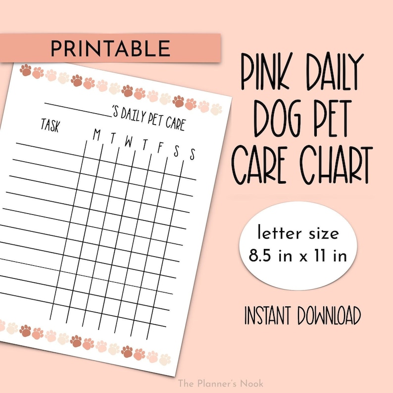 Printable Pink Daily Dog Care Chart, Weekly Dog Care Schedule, Dog ...