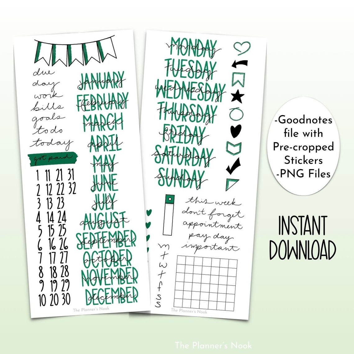 Minimalist Emerald Green Calendar Digital Stickers Planner Months Weeks ...