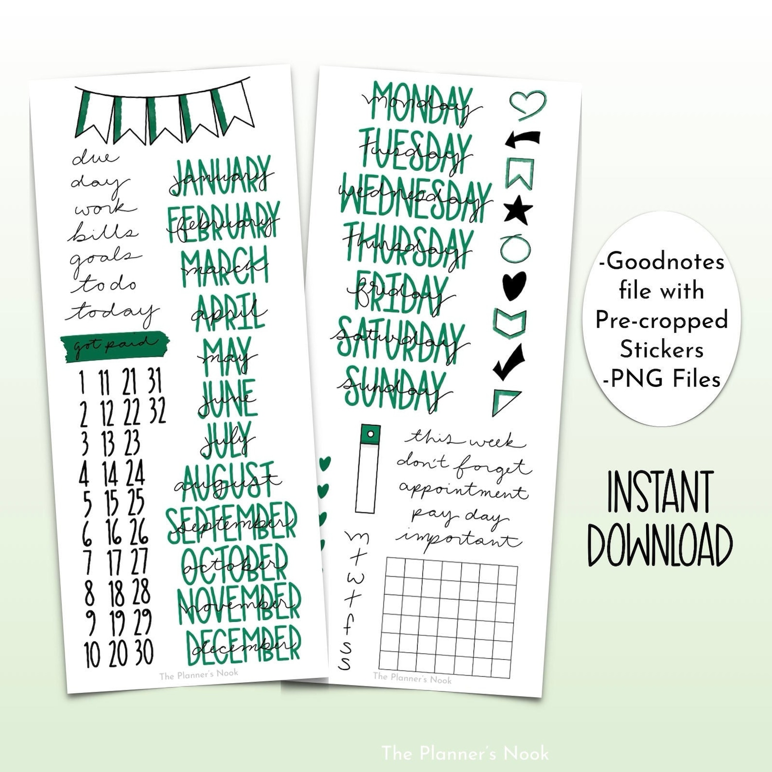 Minimalist Emerald Green Calendar Digital Stickers Planner Months Weeks ...