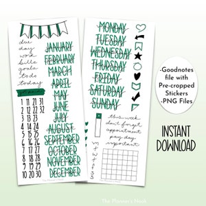 Minimalist Emerald Green Calendar Digital Stickers Planner Months Weeks ...