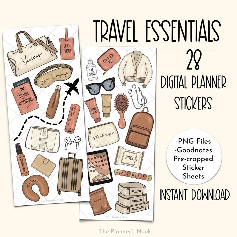 Travel Essentials Digital Stickers for Goodnotes Planner, Flight ...