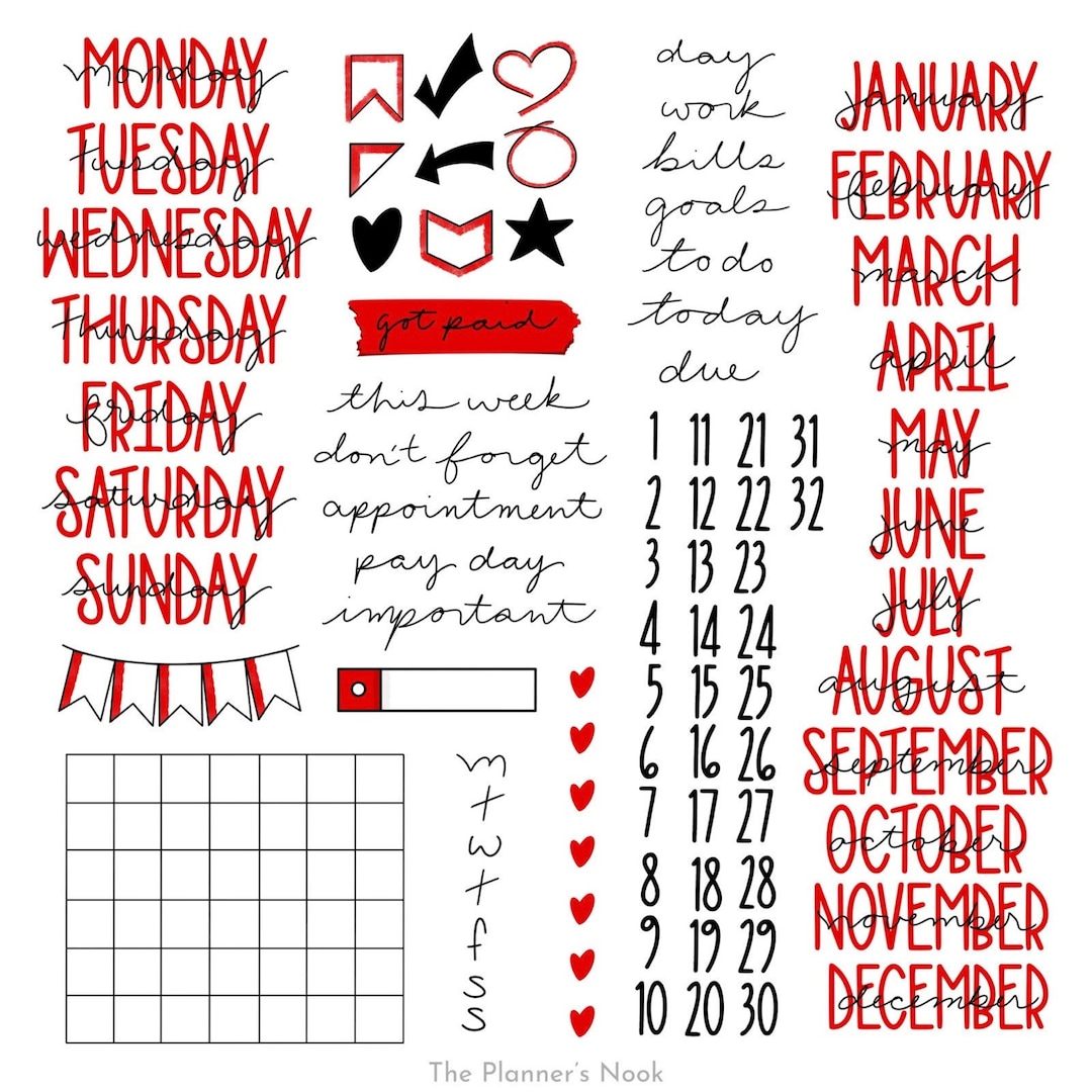 Minimalist Red Calendar Digital Stickers Planner Months Weeks Days ...