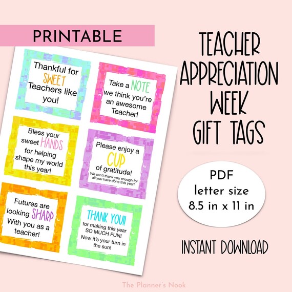 Printable Teacher Appreciation Week Gift Tags INSTANT | Etsy
