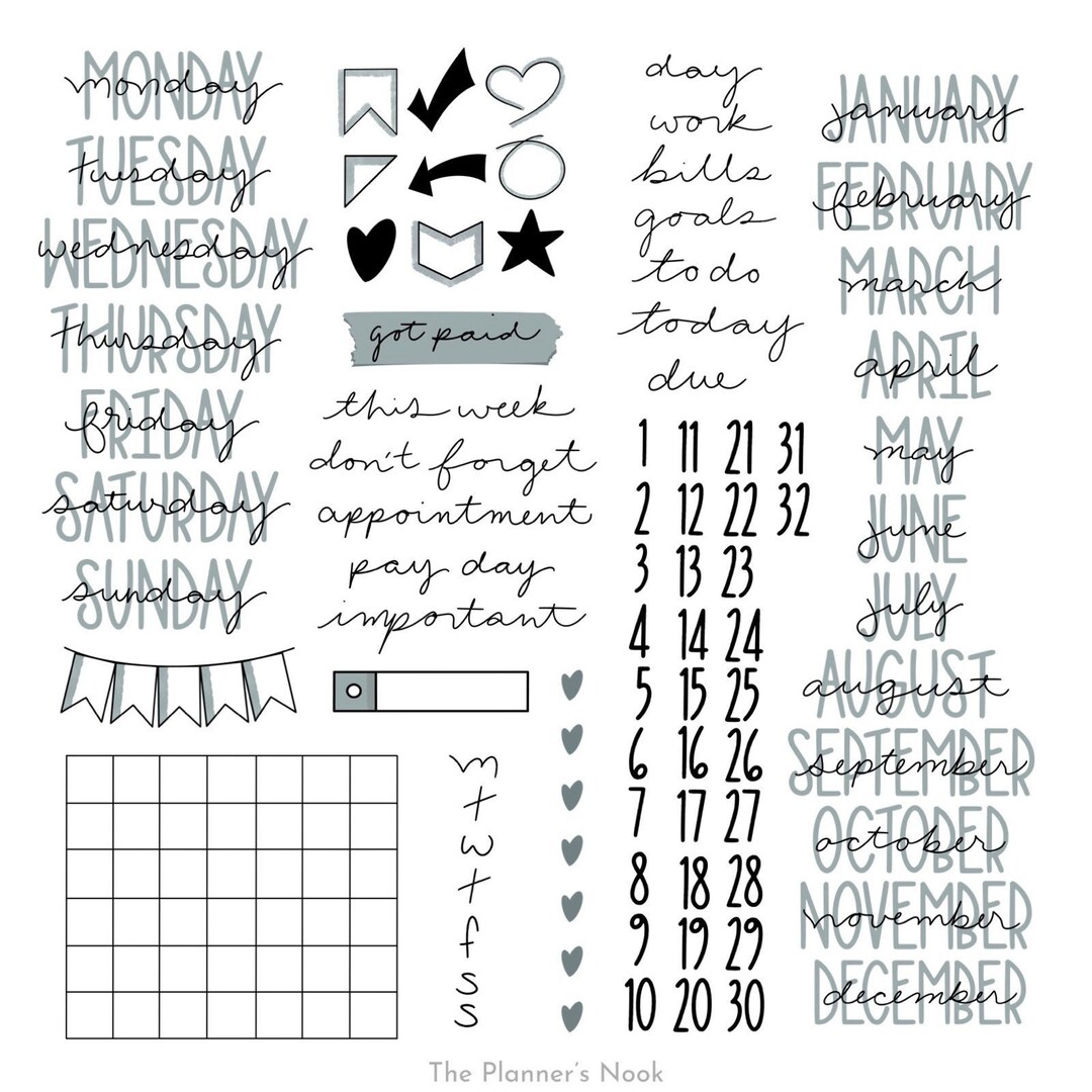Minimalist Gray Calendar Digital Stickers for Goodnotes Planner Month ...