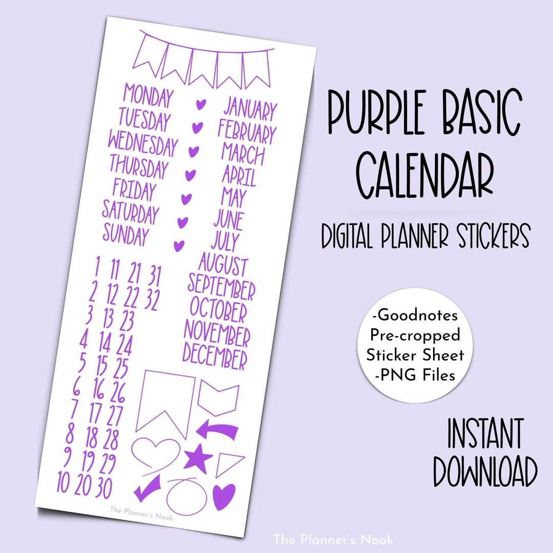 Purple Basic Calendar Digital Stickers, Month, Weeks, Dates, Goodnotes ...