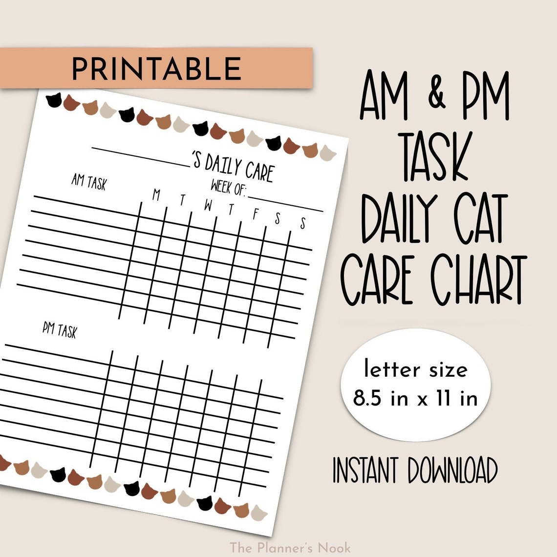 Printable Cat Care Chart, Weekly Cat Care Schedule, Cat Tasks and ...