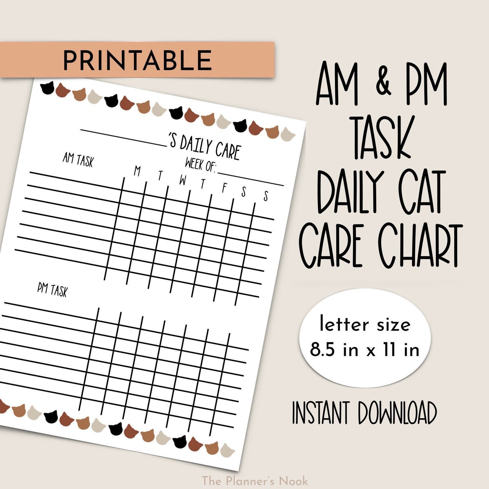 Printable Cat Care Chart, Weekly Cat Care Schedule, Cat Tasks and ...