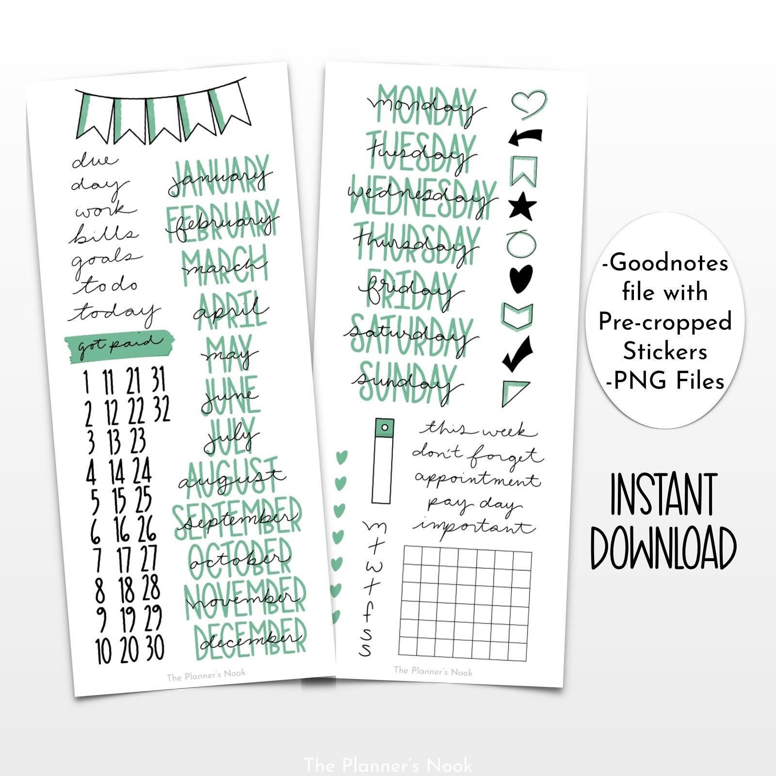 Minimalist Seafoam Green Calendar Digital Stickers for Goodnotes ...