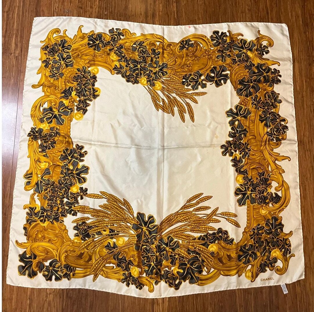Chanel Cream Square Silk Scarf Baroque Gold Wheat Floral Motif Vintage ...