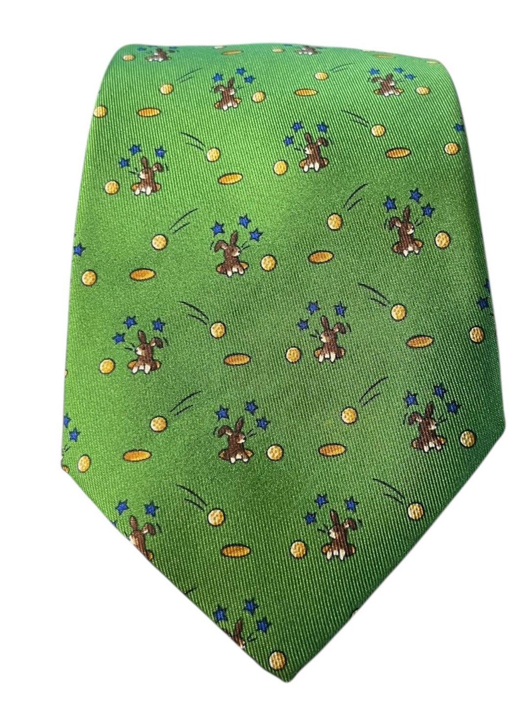 Hermes Green Bunny Tie - Jumping Rabbits and Gold Coins Silk Made in ...