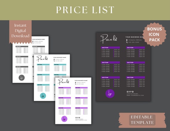 EDITABLE Price List Template Printable Business Price List - Etsy