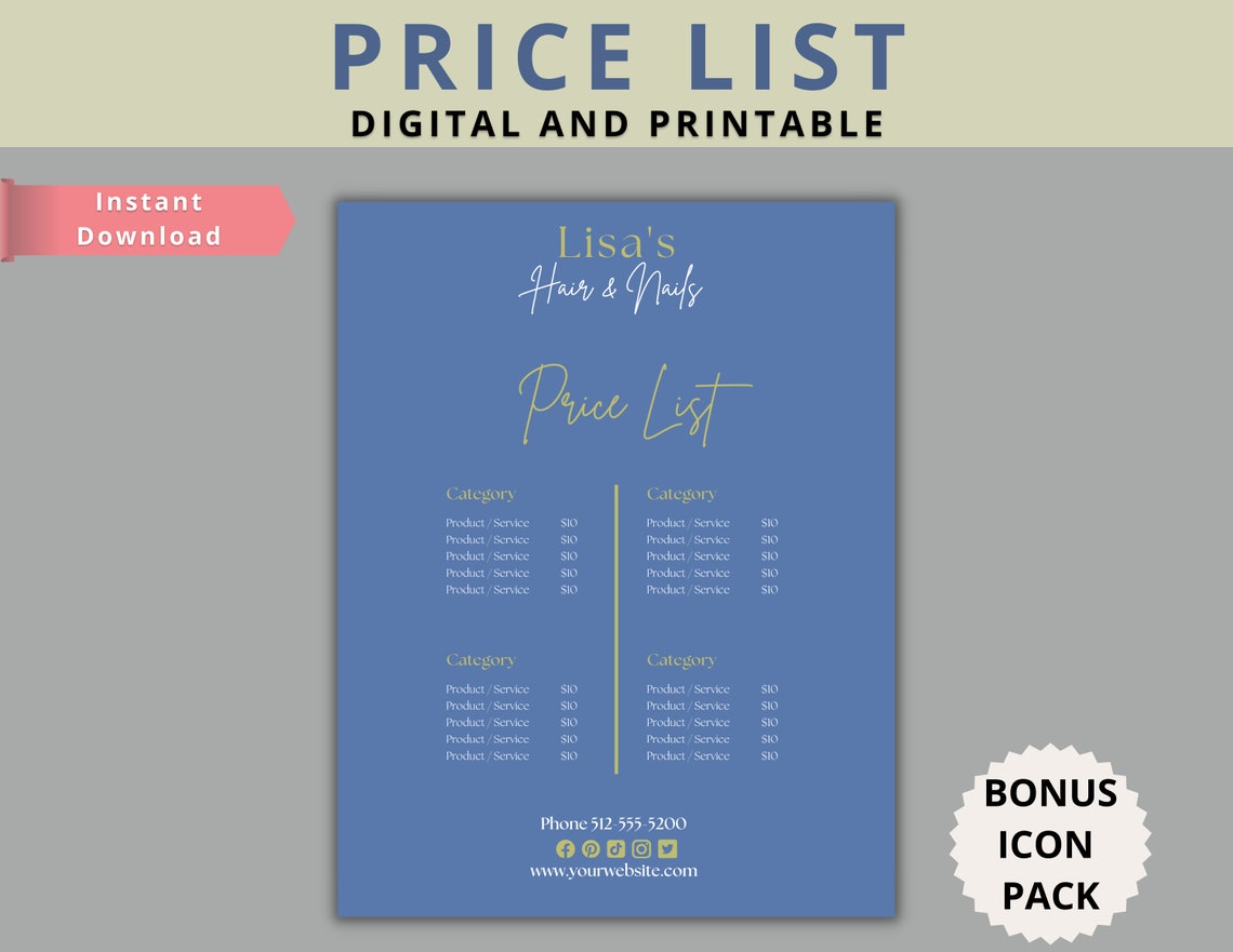 EDITABLE Price List Template Printable Business Price List - Etsy