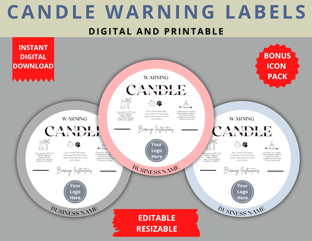 DIGITAL DOWNLOAD Candle Warning Label Templates | 3 Fire Safety Label ...
