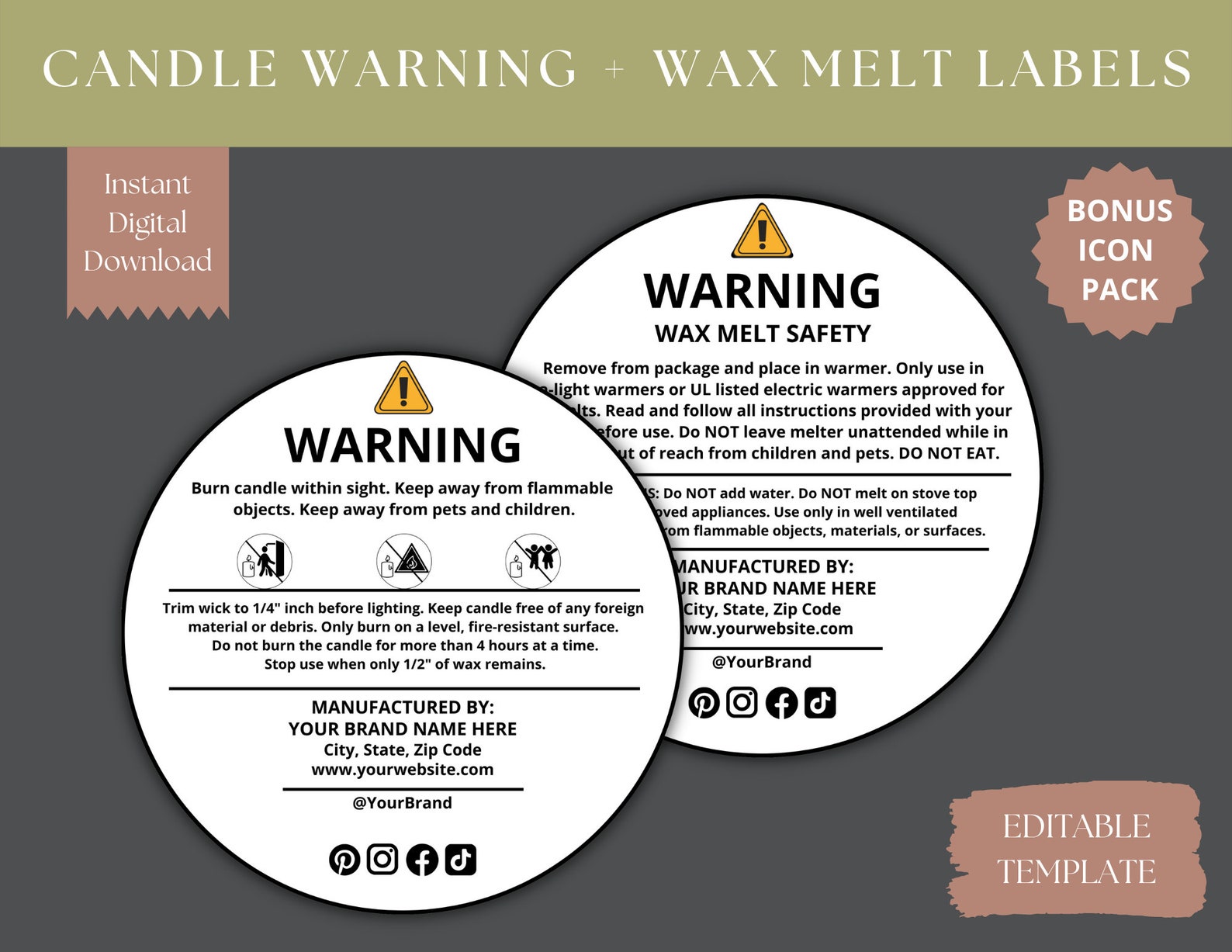 Candle Warning Label Template Wax Melt Warning Label Template Editable ...