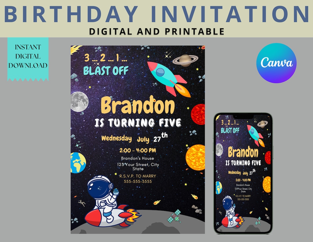 Space Birthday Party Invitation, Kids Birthday Template Download - Etsy