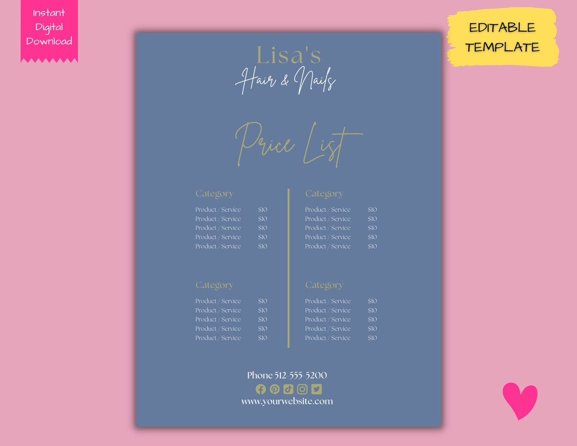 EDITABLE Price List Template Printable Business Price List - Etsy