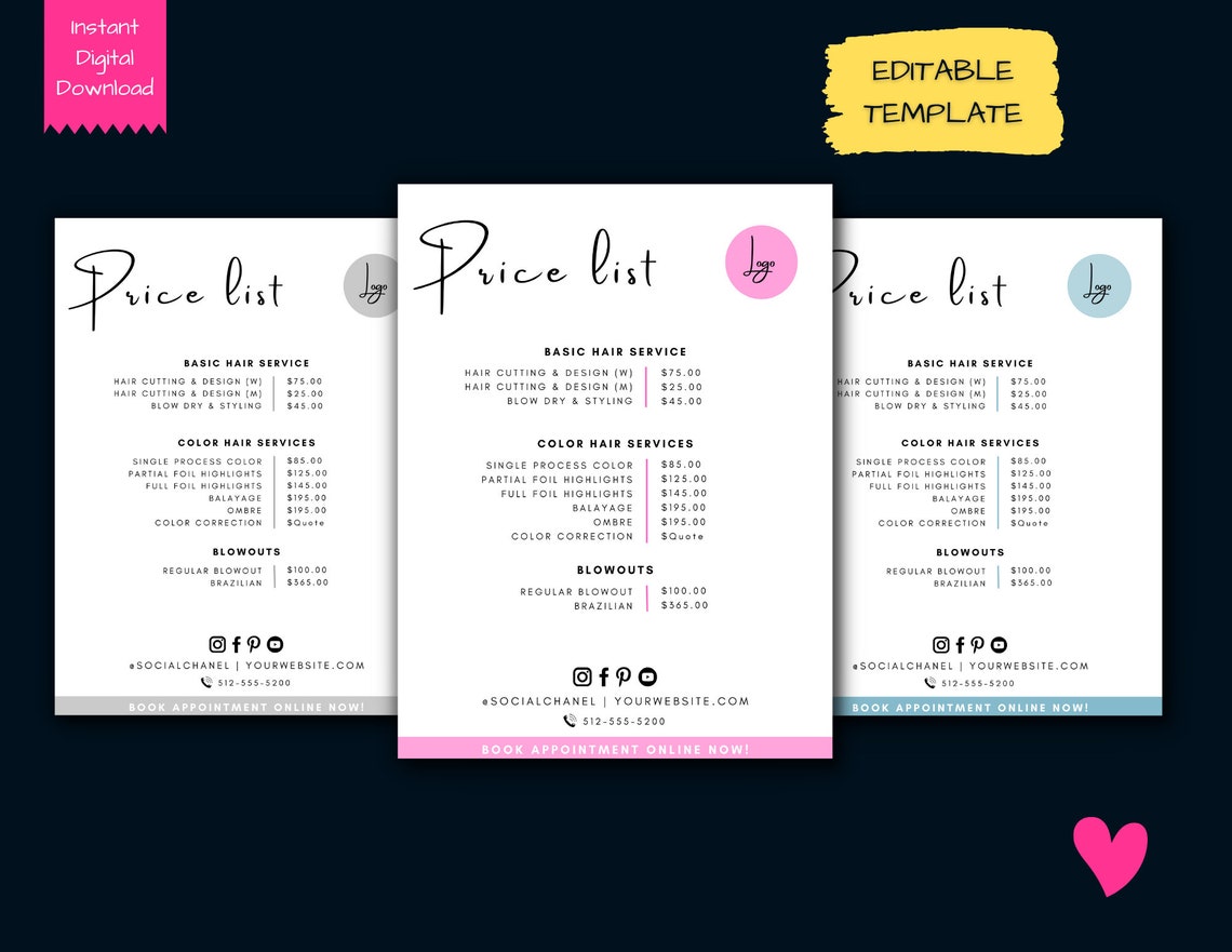 EDITABLE Price List Template Printable Business Price List - Etsy