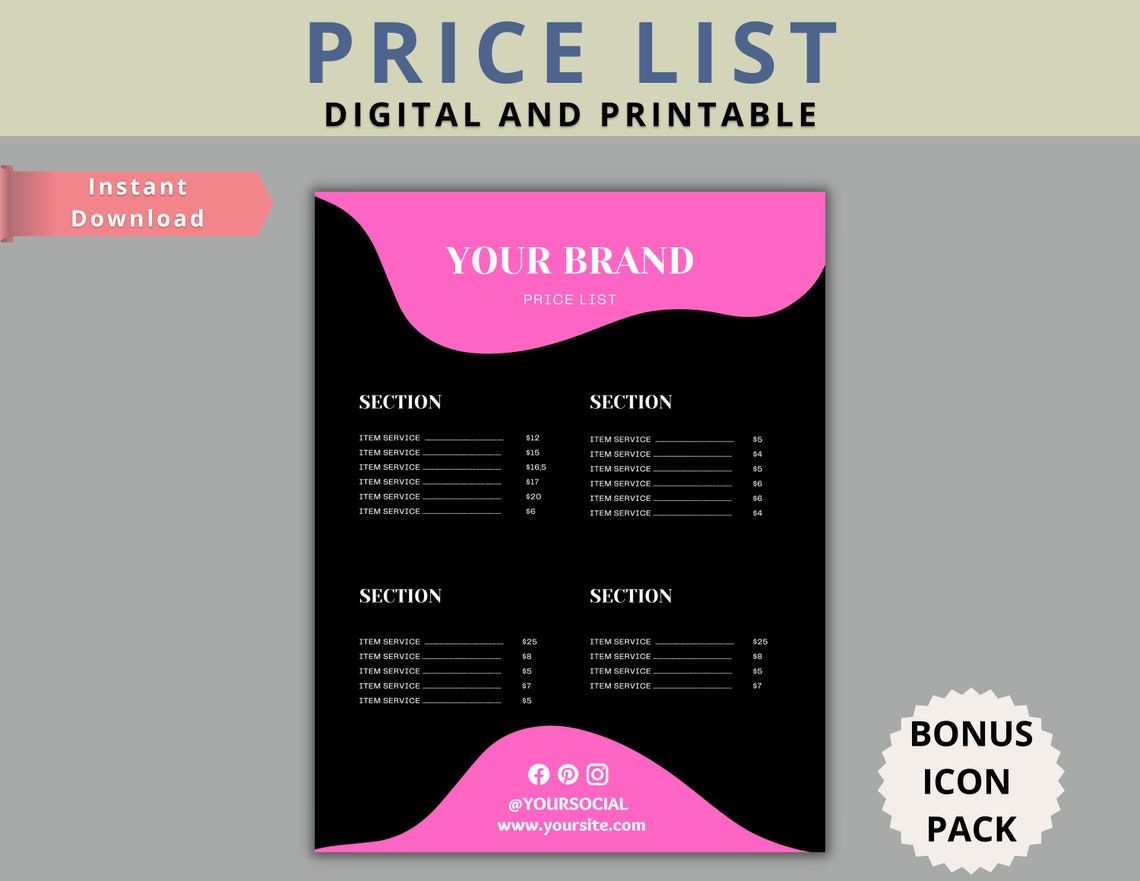 EDITABLE Price List Template Printable Business Price List - Etsy